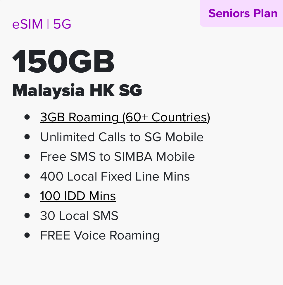 SIMBA Seniors Plan $5 150GB SG+MY+HK Plan Renewal - EASY MOBILE TOP-UP ...