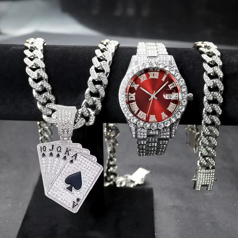 Hip Hop Quartz Watches for Men Miami Cuban Chain With Bracelet Set ...