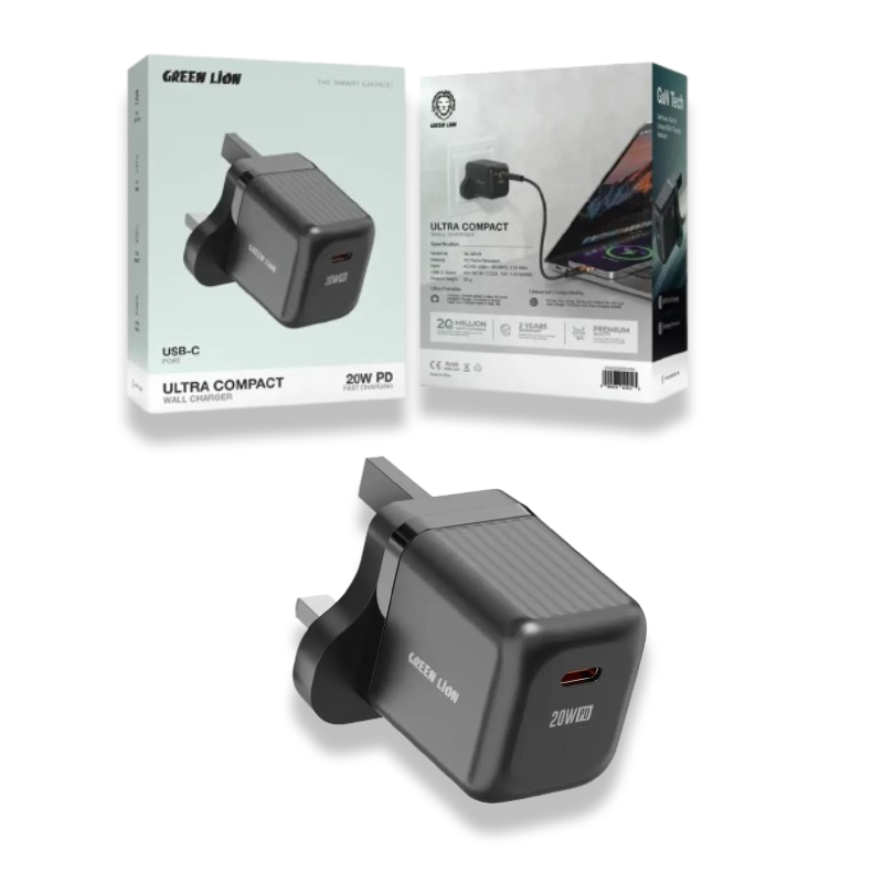 . Green Lion Ultra Compact GaN Wall Charger UK Pin USB-C PD 20W C to L ...