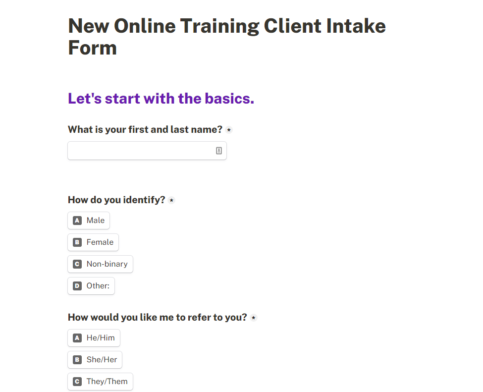 New Online Trainer Client Intake Form - Tally form template
