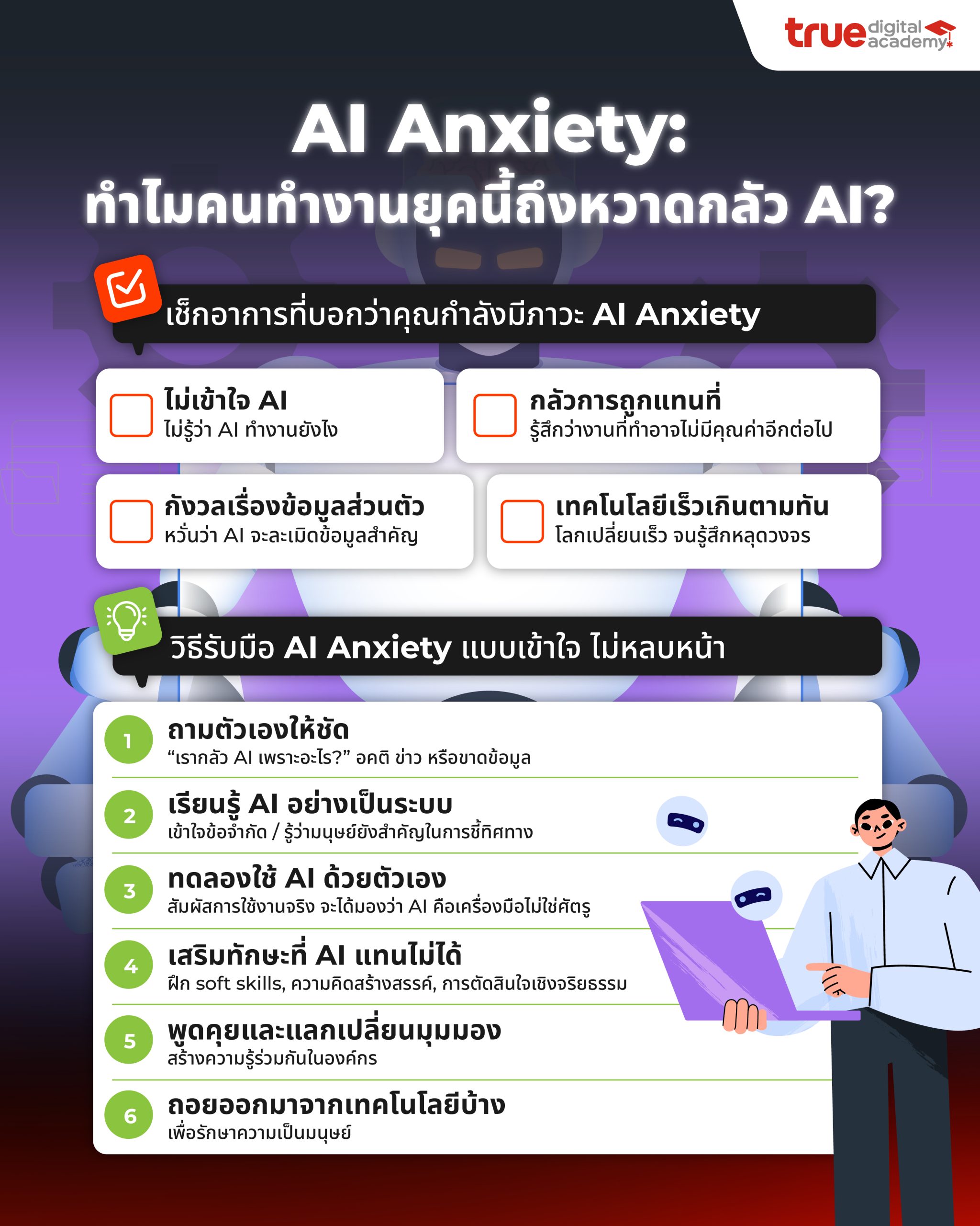 ภาวะ “AI Anxiety” โรคระบาดใหม่ยุคเทคโนโลยี เมื่อคนในองค์กรกลัว AI แย่งงาน - True Digital Academy