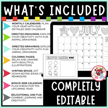 Back To School Directed Drawing Calendar 2025 Editable Printable and ...