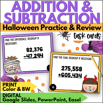 Halloween Addition and Subtraction with Regrouping Task Cards Practice ...