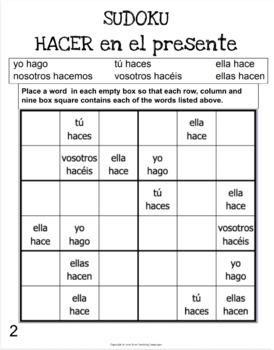 SPANISH Verb HACER Present Tense Sudoku - El verbo HACER en presente | TeachShare