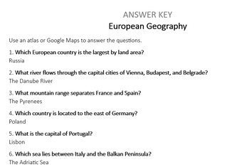Geography - EUROPE - 20 Atlas / Google Maps Questions | TeachShare