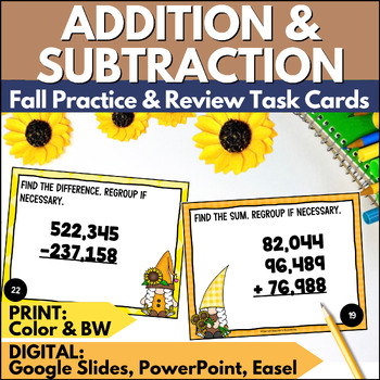 Fall Addition & Subtraction with Regrouping Task Cards Practice Review ...