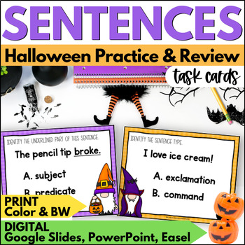 Halloween 4 Types of Sentences Parts of a Sentence Task Cards, Kinds ...