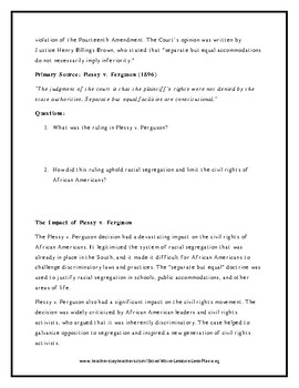 Plessy v. Ferguson Impact Reconstruction Era Reading Comprehension ...