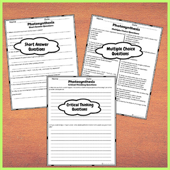 Photosynthesis Reading Comprehension Passages with Multiple Choice ...