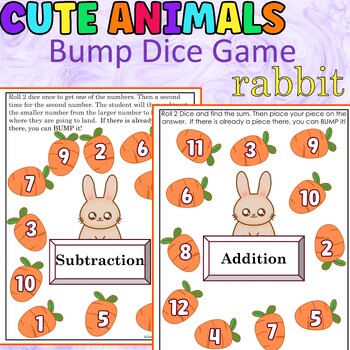 Addition and Subtraction Bump Game Cute Animals-RABBIT Math Dice Game ...