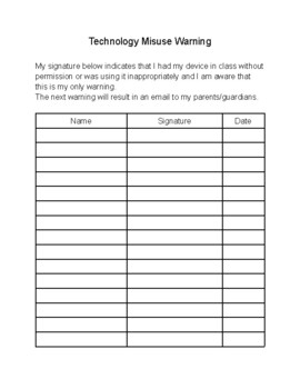 Technology Misuse Warning Form | TeachShare