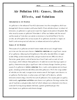 Air Pollution 101 Causes, Effects & Solutions Reading Comprehension ...
