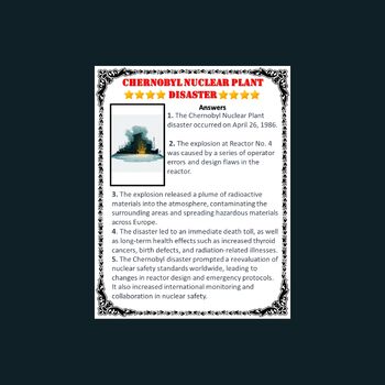 Chernobyl Nuclear Plant Disaster Reading Comprehension Worksheet 1980s ...