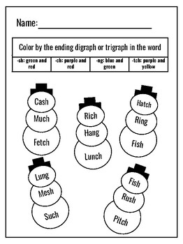 Ending Digraphs and Trigraph -sh, -ch, -ng, and -tch Practice - Color ...