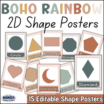 2D Shape Posters-Math Shape Recognition-Boho Rainbow Neutral Classroom ...
