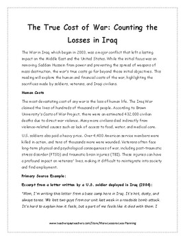 True Cost of the Iraq War Counting the Losses Reading Comprehension ...