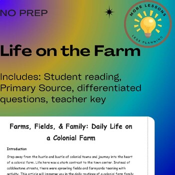 Daily Life on the Farm Colonial America Reading Comprehension Worksheet ...