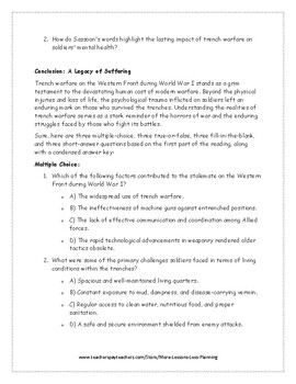 Trench Warfare: WWI World War I Guided Reading Comprehension Worksheet ...