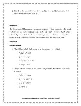 California Gold Rush Westward Expansion Guided Reading Comprehension ...