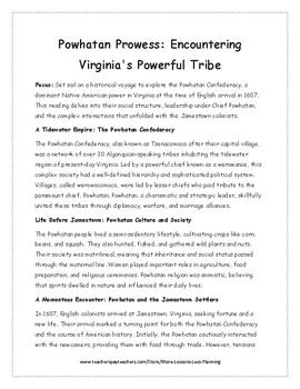 Powhatan Tribe Pre Colonial America Reading Comprehension Worksheet ...