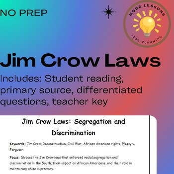 Jim Crow Laws Reconstruction Era Reading Comprehension Primary Source ...