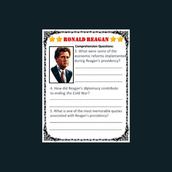 Printable Ronald Reagan Reading Comprehension Worksheet 1980s Eighties ...
