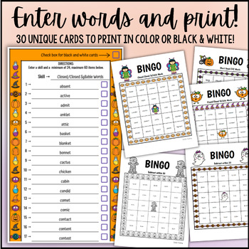 Halloween Editable Bingo Card Generator - Phonics, Sight Words, Math ...
