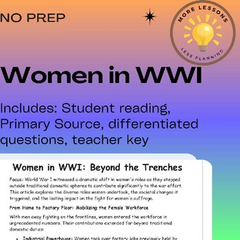 Women in WWI Beyond the Trenches World War I Reading Comprehension ...
