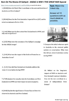 Australian History WW1 Anzac's in WW1 documentary digital worksheet ...