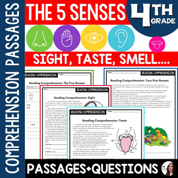 4th Grade The Five Senses Reading Comprehension Passages & Questions ...