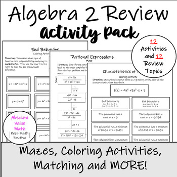 Algebra 2 Review Activity Packet (12 Printables - Mazes, Coloring ...