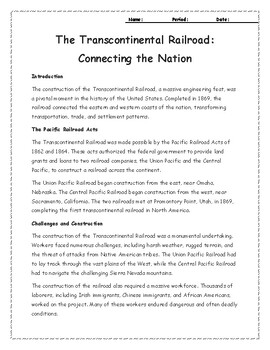 Transcontinental Railroad Westward Expansion Reading Comprehension ...