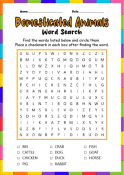 Domesticated Animals Names Fun Vocabulary Word Search Worksheet Puzzle ...