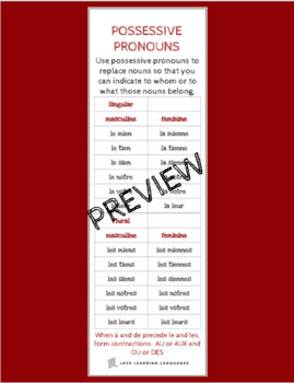 French Possessive Pronouns - Grammar Bookmark | TeachShare