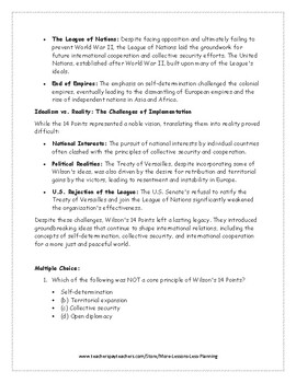 WWI Wilson's 14 Points Post World War I World Reading Comprehension ...