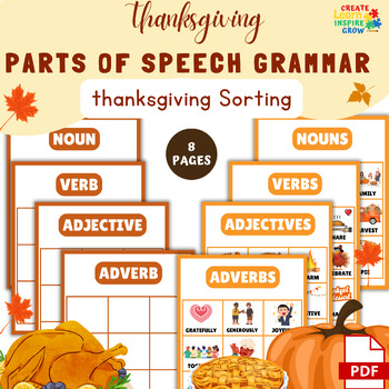 Thanksgiving Parts of Speech Grammar Sorting Nouns, Verbs, Adjectives ...