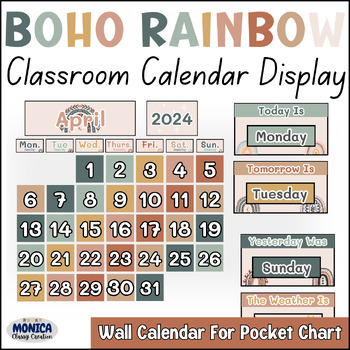 Boho Rainbow Classroom Calendar & Weather Display-Neutral Pocket Chart ...