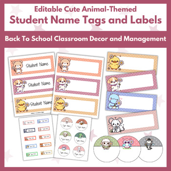 Back To School Editable Cute Animal Name Tags and Labels For Classroom ...