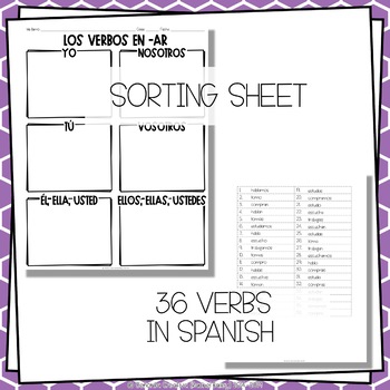 Present Tense AR Verbs - Spanish Sorting Activity for Regular -ar Verbs ...