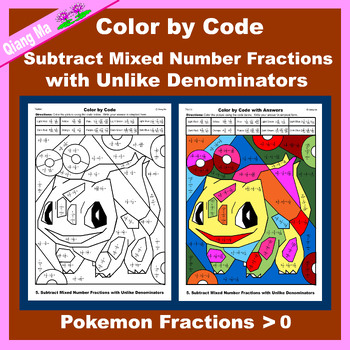 Pokemon Color by Code:Subtract Mixed Number Fraction with Unlike ...