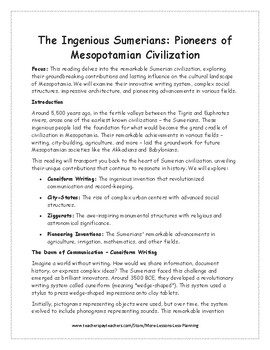 Sumerians: Pioneers of Mesopotamia Civilization Reading Comprehension ...