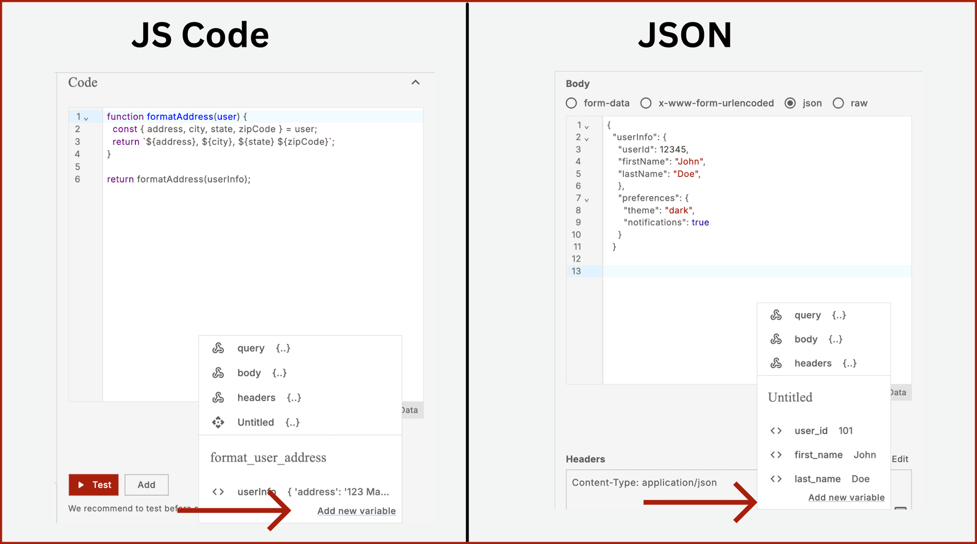 How to create and use variables in API JSON and JS code steps