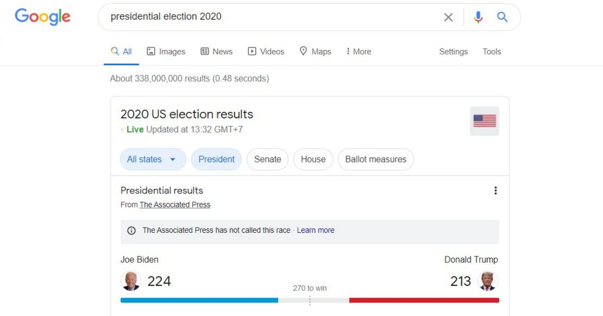 วิธีชมผลเลือกตั้งประธานาธิบดีสหรัฐฯ สดผ่าน Google แค่พิมพ์ us election ...