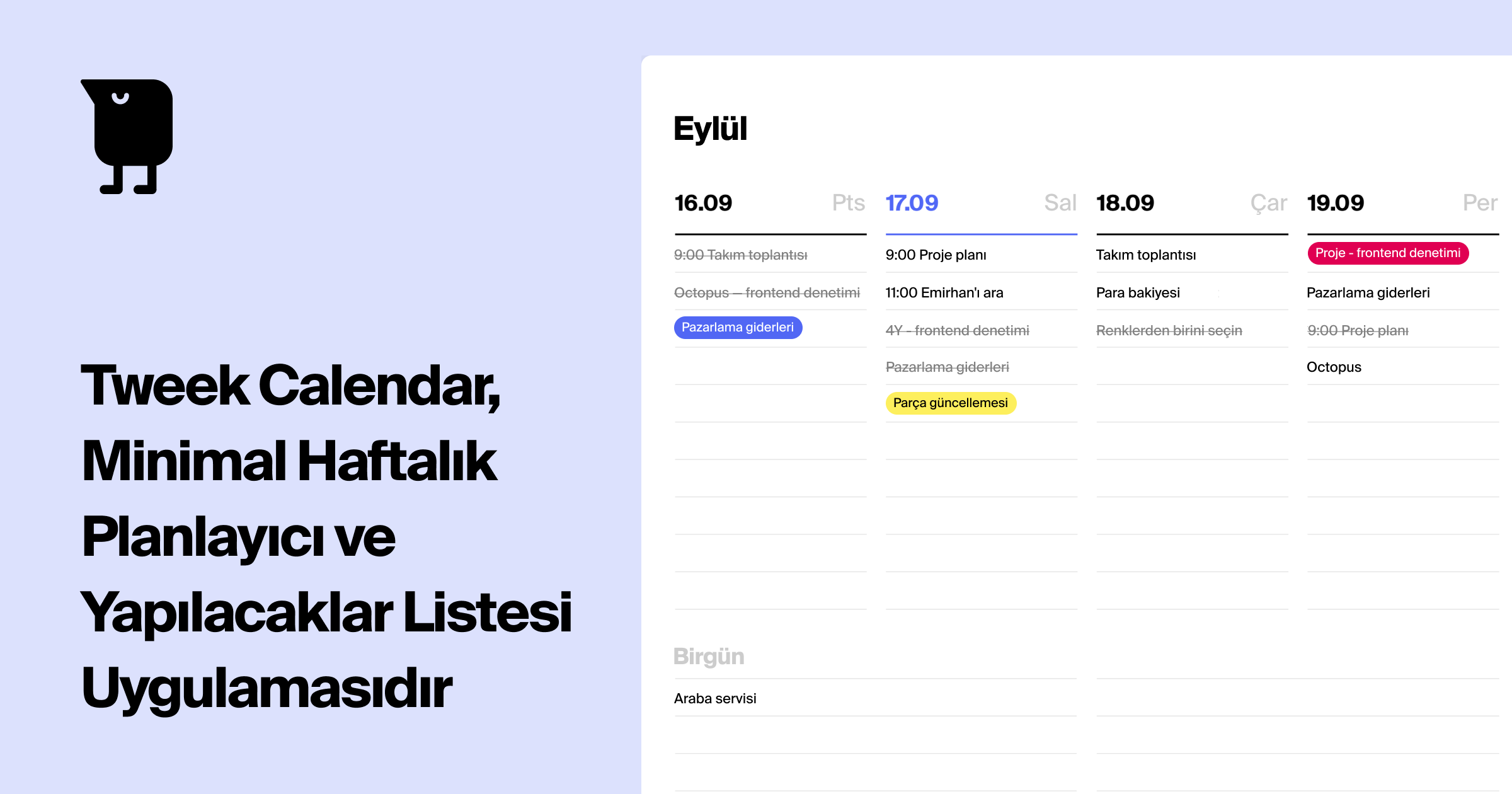 Tweek Calendar - Minimal Yapılacaklar listesi ve Haftalık Görev ...
