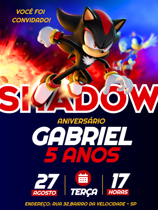 Convite aniversário Shadow Sonic - Edite grátis com nosso editor online