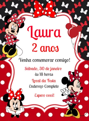 Convite aniversário Minnie Mouse - Edite grátis com nosso editor online