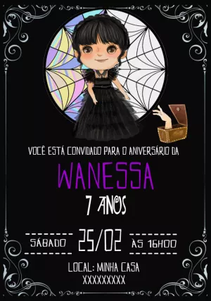 Convite aniversário Wandinha Addams - Edite grátis com nosso editor online