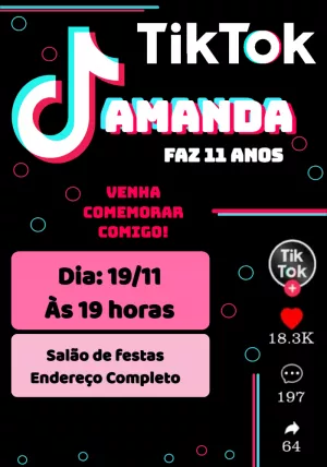 Convite aniversário Tiik Tok - Edite grátis com nosso editor online