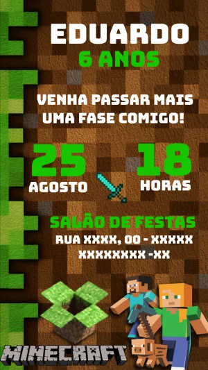 Convite Aniversário Minecraft - Edite grátis com nosso editor online