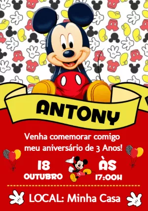 Convite Aniversário Mickey Mouse - Edite grátis com nosso editor online